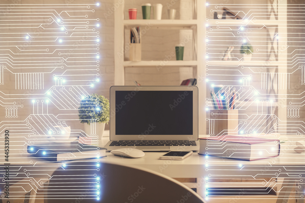 Double exposure of tech theme drawings and office interior background ...