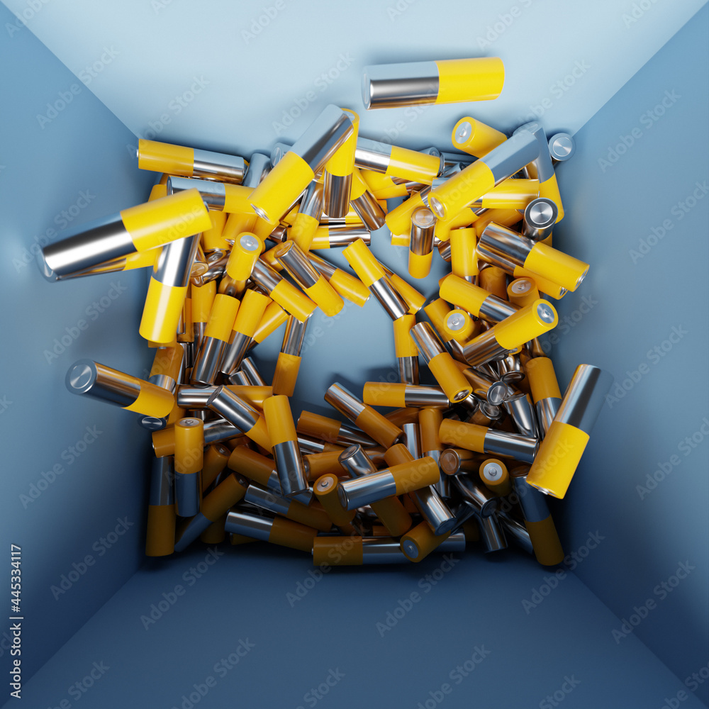 3d illustration aa size alkaline battery in a box. A close-up of the ...