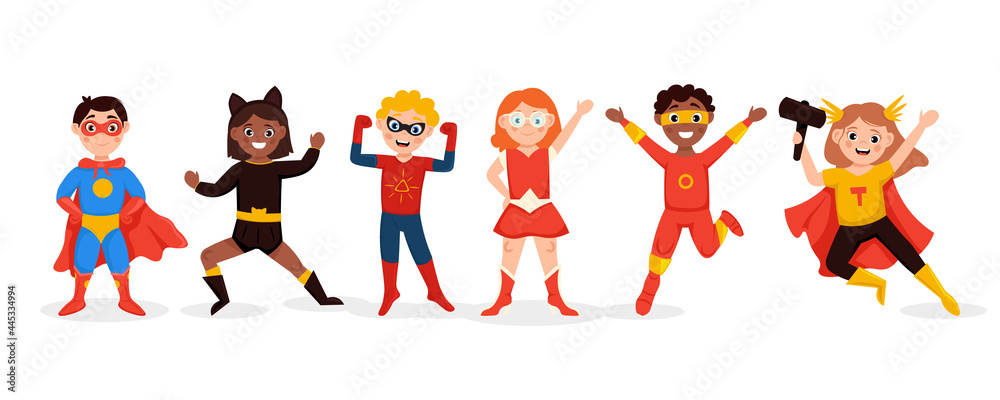 Boys and Girls, wearing colorful costumes of various superheroes ...