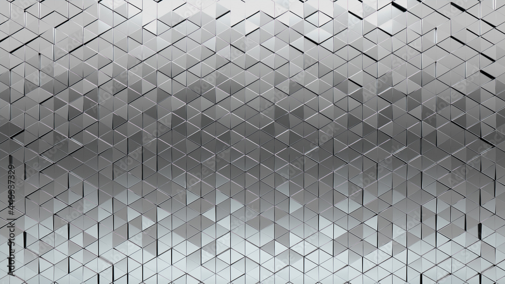 Triangular, 3D Mosaic Tiles arranged in the shape of a wall. Silver ...