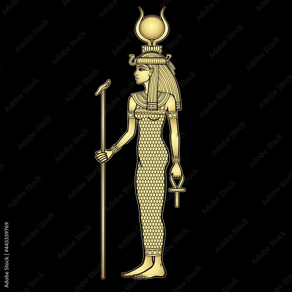 Obraz Animation Portrait Egyptian Goddess Isis Holds Symbols Of Power A Cross And A Staff