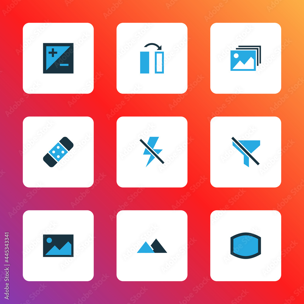 Image icons colored set with wide angle, flip, filter and other no ...
