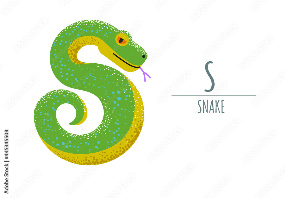 Cute green snake in the shape of the letter - S. children's alphabet ...