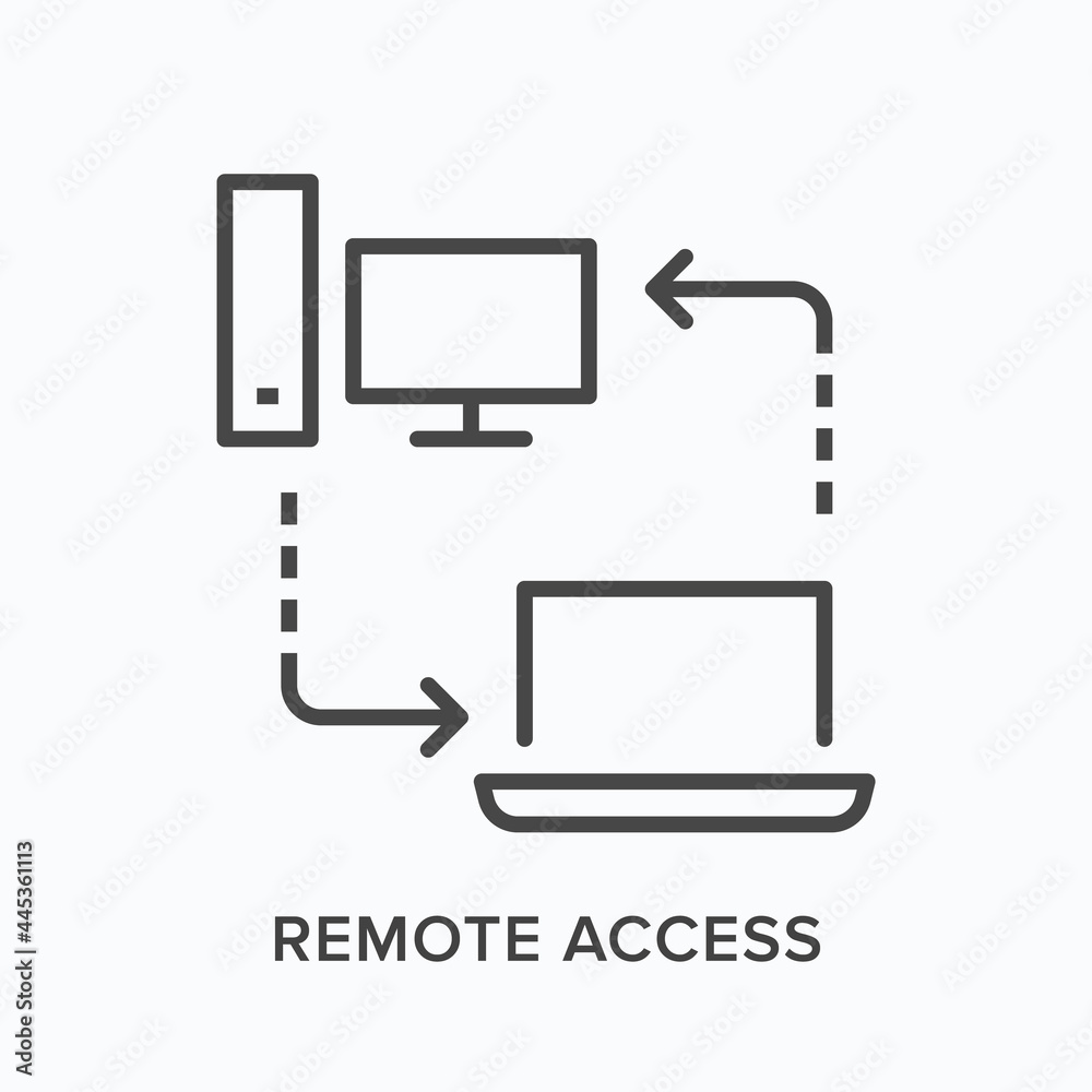 Remote access flat line icon. Vector outline illustration of computer ...