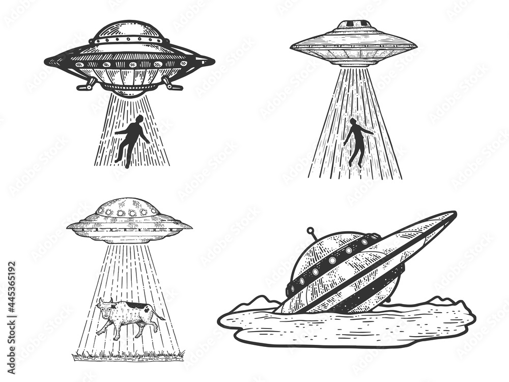 Vetor de UFO Flying saucer kidnaps human person set collection line art ...