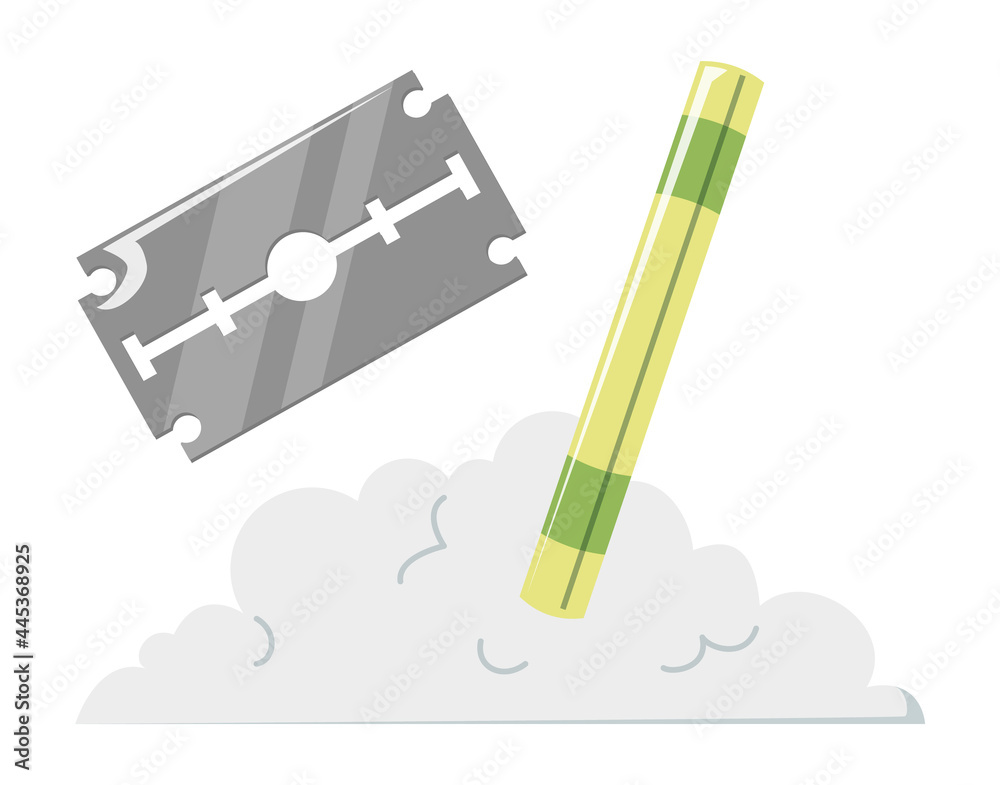 Cocaine, razor and green banknote vector isolated. Drug, concept of bad ...
