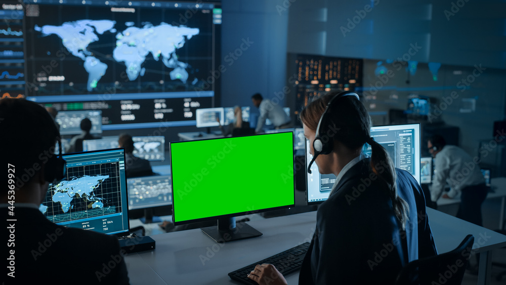 Green Screen Horizontal Mock Up on a Computer Display Used by a Female ...