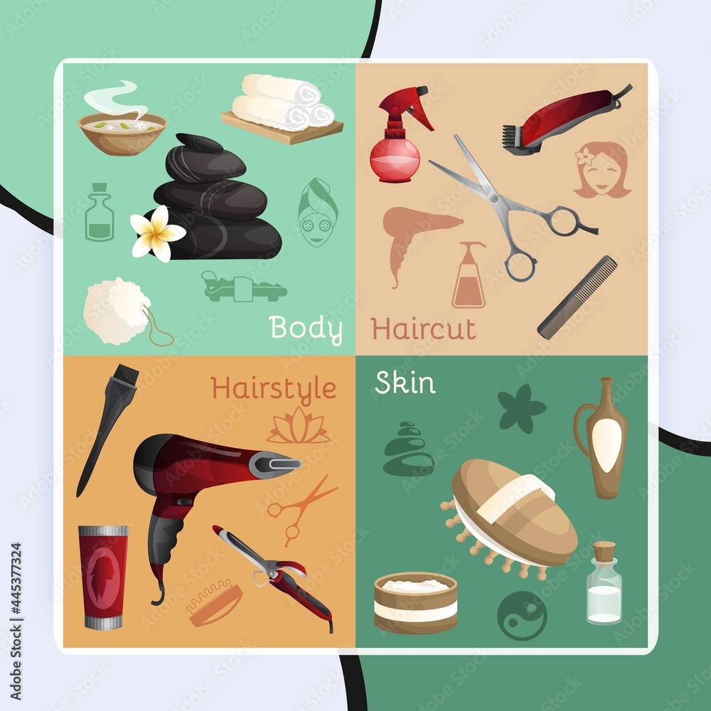 Vetor de Beauty salon design concept set with haircut body skin ...