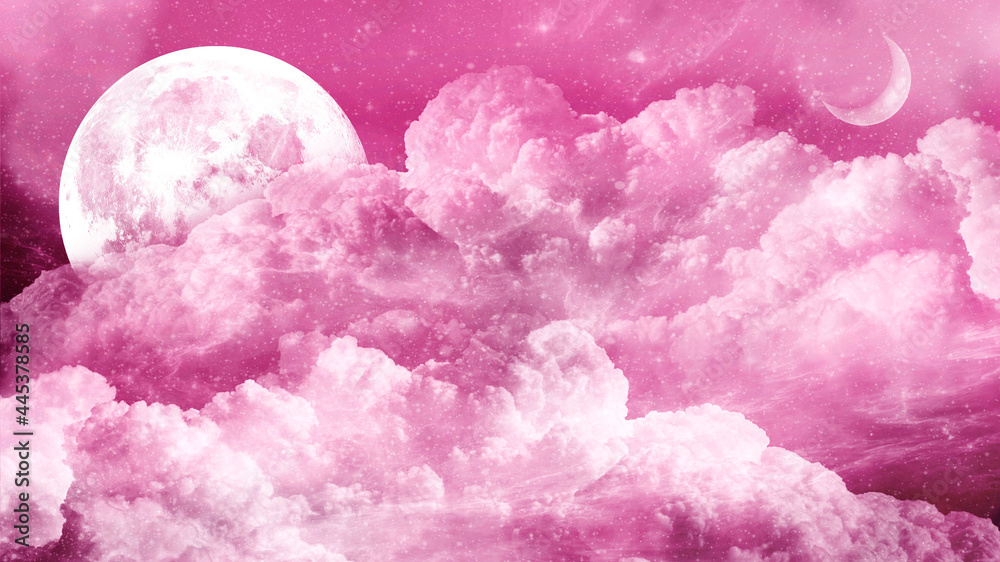 Magic pink sky with white fluffy clouds, a mysterious aerial landscape ...