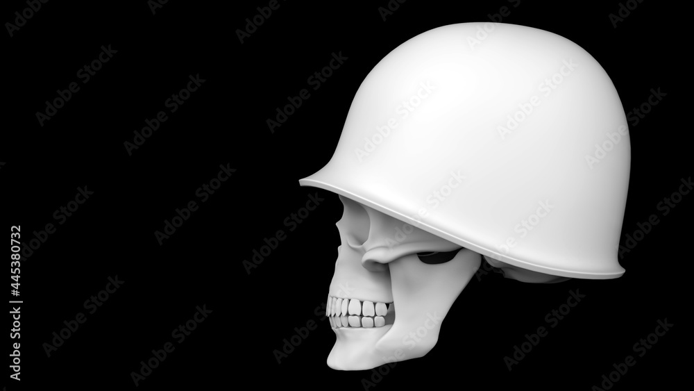 Skull in profile in military american helmet on a black background. 3d ...