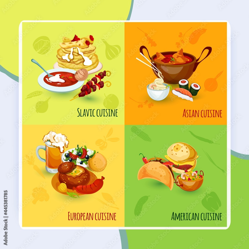 World food design concept set with asian slavic american european ...