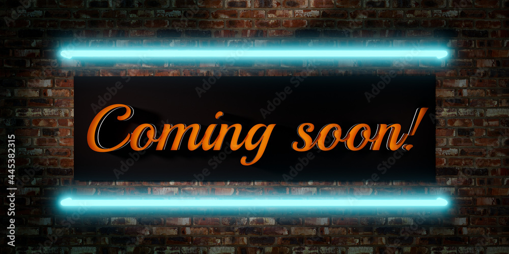 "Coming soon" sign. Weathered red brick wall with black sign and blue ...