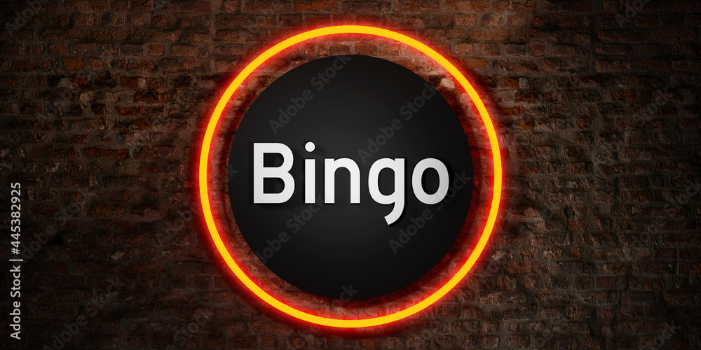 Bingo sign. Brick wall with an orange neon circle. A black sign in the ...