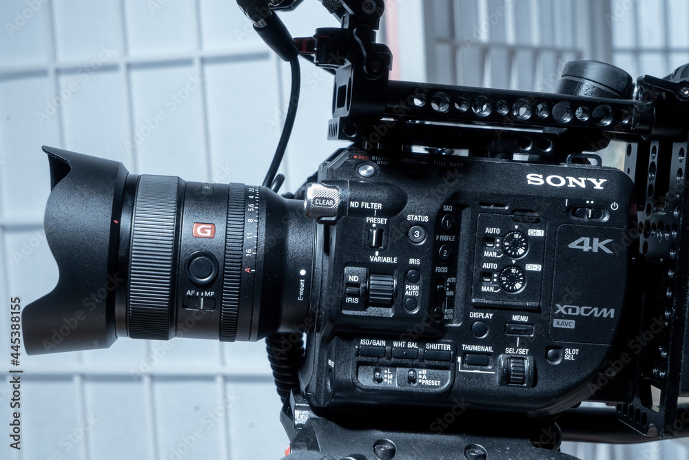 In studio setup of Sony cinema camera rig with attached G Master 24mm ...