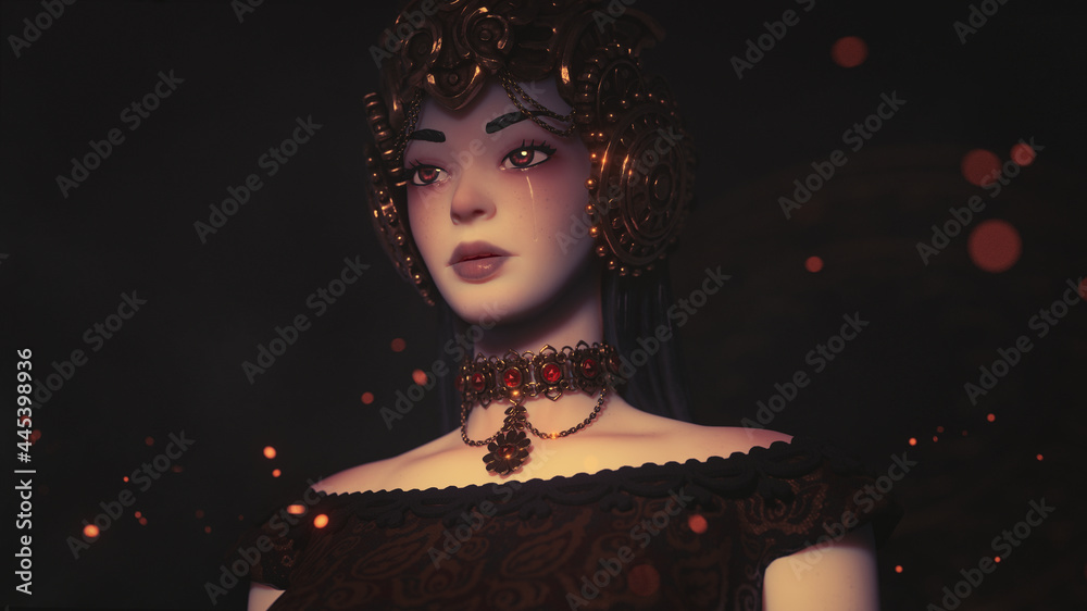 Portrait of a beautiful sad medieval brunette queen with tears in her ...