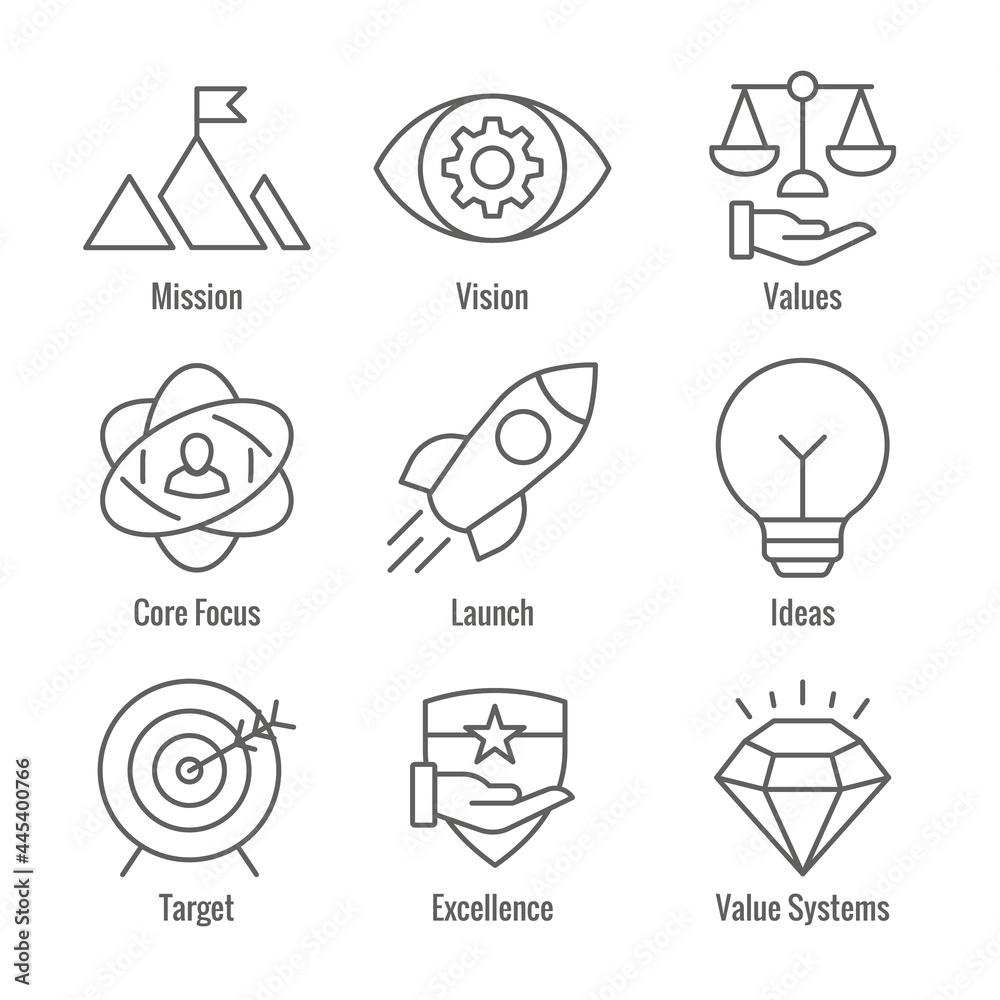 Mission Vision And Values Icon Set W Rocket Ideas And Goal Icons mission-vision-and-values-icon-set-w-rocket-ideas-and-goal-icons