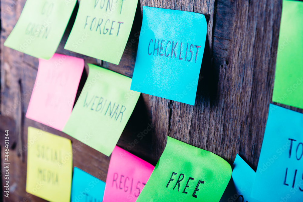 Colorful sticky notes on wooden board reminder. Free webinar checklist ...