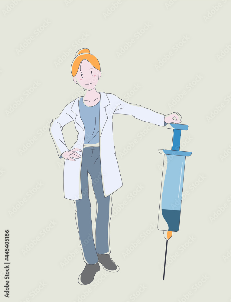 The doctor is holding a syringe. Doctor giving vaccination. Doodle ...