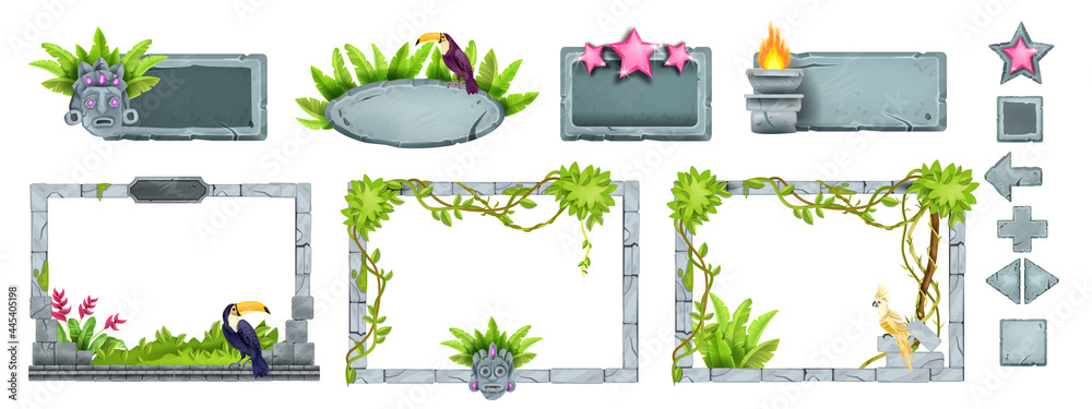 Jungle stone game UI frame set, ancient rock vector sign board, gray boulder buttons, toucan ...
