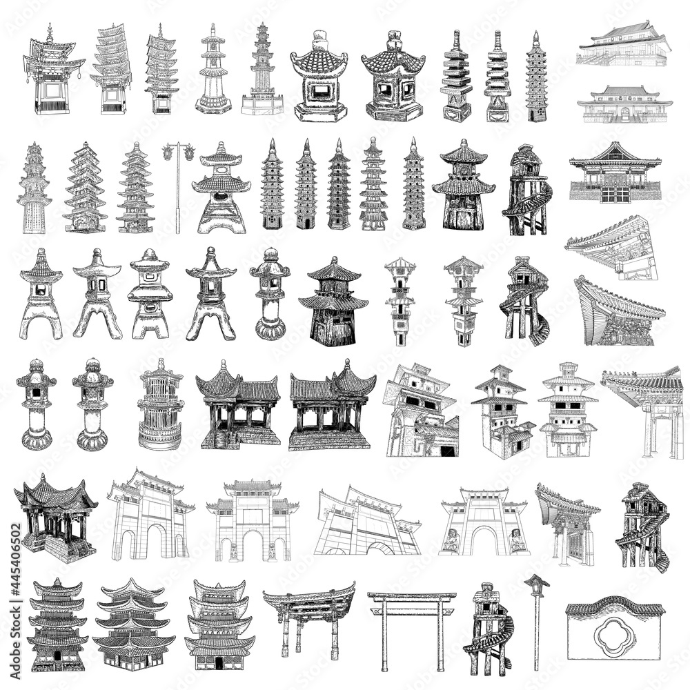 Chinese and Japanese pagoda. Japan street lamp Toro. Asian pole lantern ...