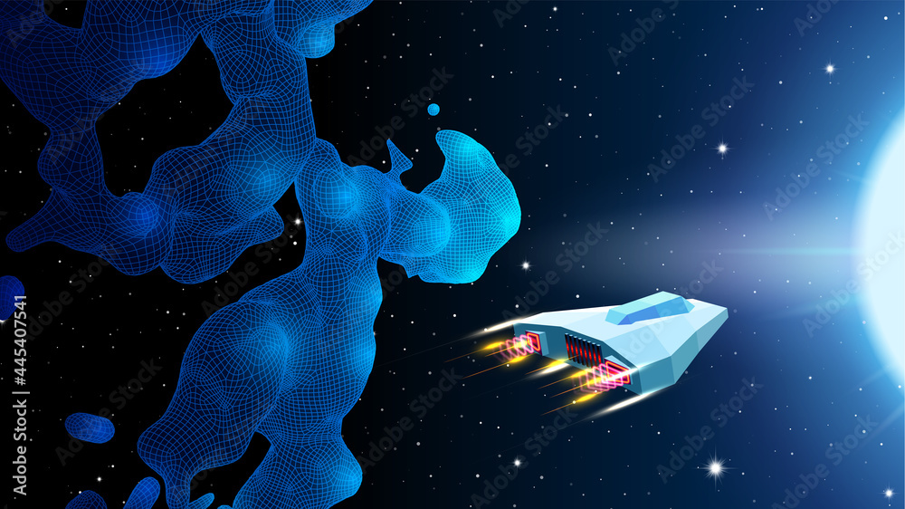Arcade space ship flying to the cave gateway in blue corridor 3D ...