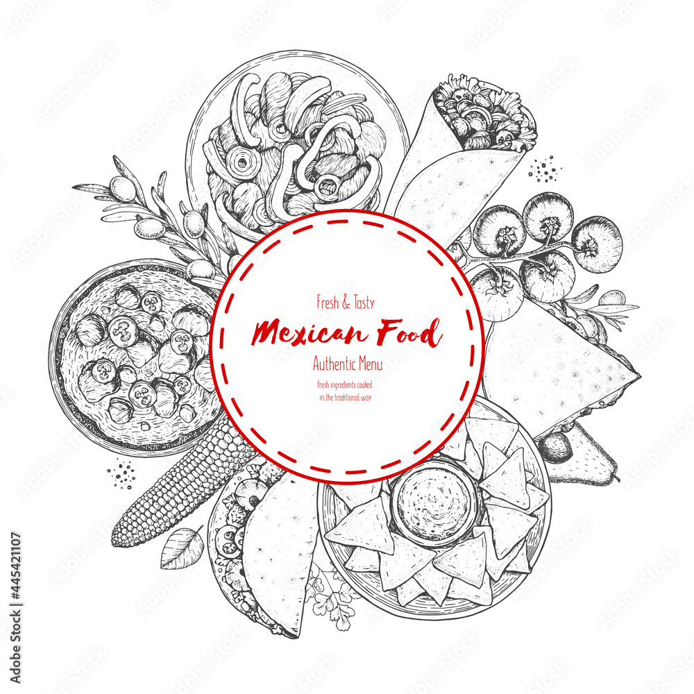 Mexican food sketch, vector illustration. Traditional dishes collection ...