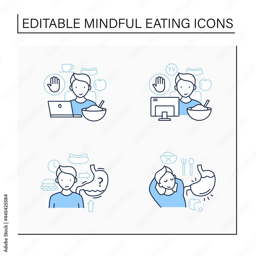 Mindful eating line icons set.Conscious, intuitive nutrition. Fullness ...
