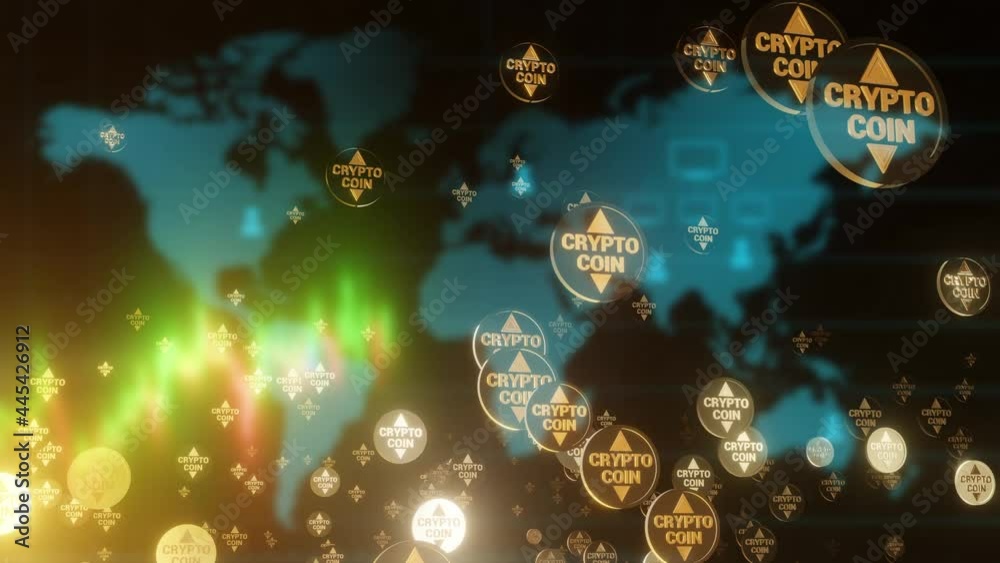 Crypto coins and financial stock market data. Glowing and glittering ...