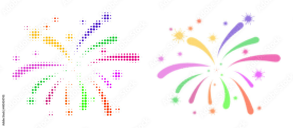 Pixel halftone viral fireworks icon. Vector halftone mosaic of viral ...