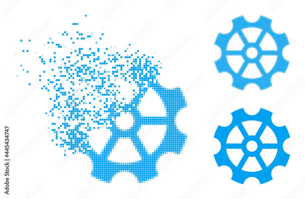 Dissipated pixelated gear pictogram with wind effect, and halftone ...