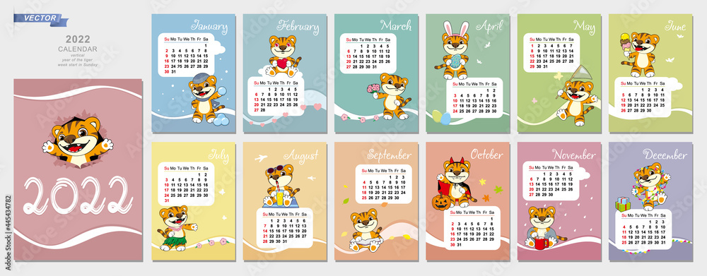 Set of calendar for 2022 year of the tiger. Set of 12 pages and cover ...
