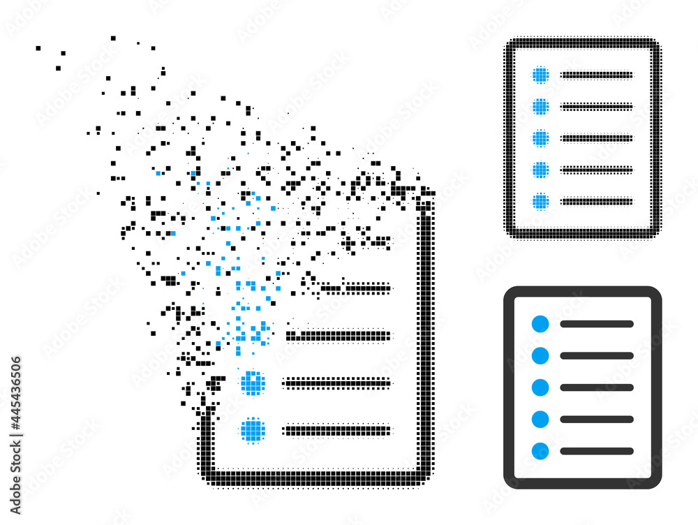 Disappearing pixelated list page glyph with destruction effect, and ...