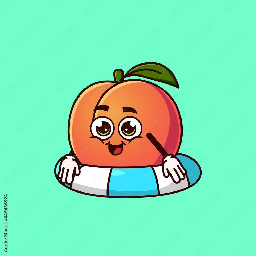 Cute Peach fruit character with swim ring float. Fruit summer icon ...