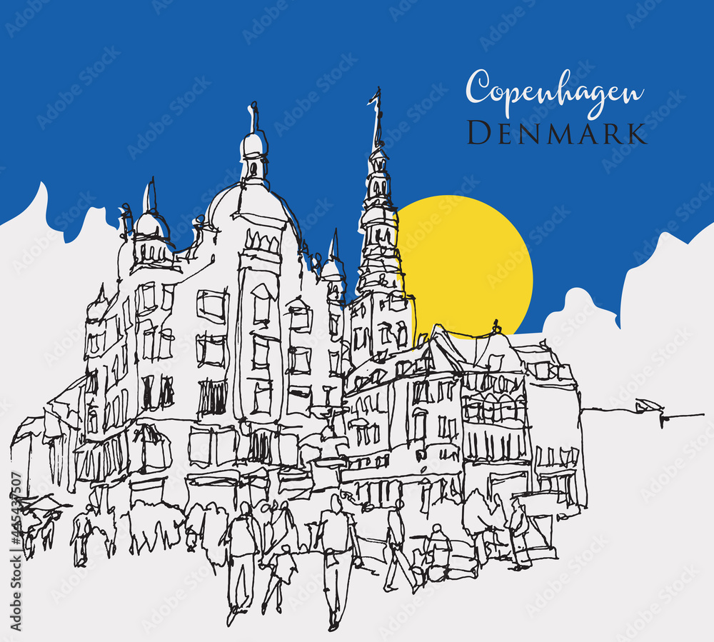 Hand drawn sketch illustration of Copenhagen, the capital city of ...