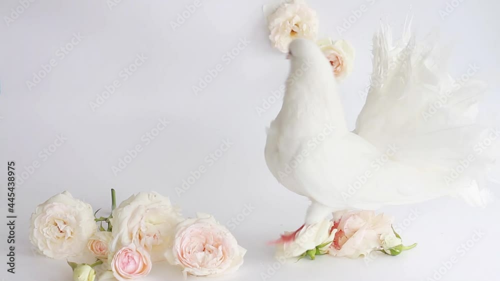 White peacock dove among the flowers of roses pierre de Ronsard, Eden ...