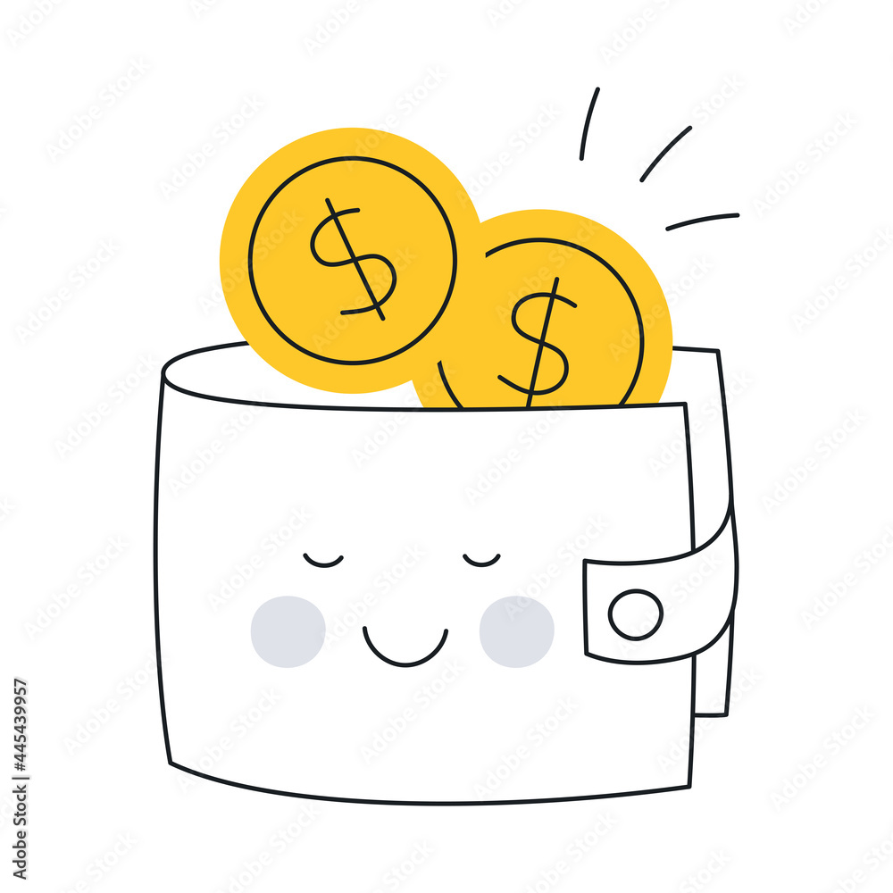 Cute full smiley wallet with gold coins inside. Salary, wages, reward ...