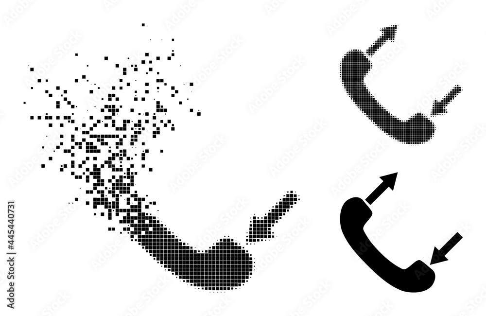 Broken pixelated phone talking pictogram with wind effect, and halftone ...