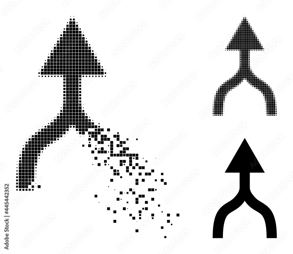 Destructed pixelated combine arrow up icon with wind effect, and ...