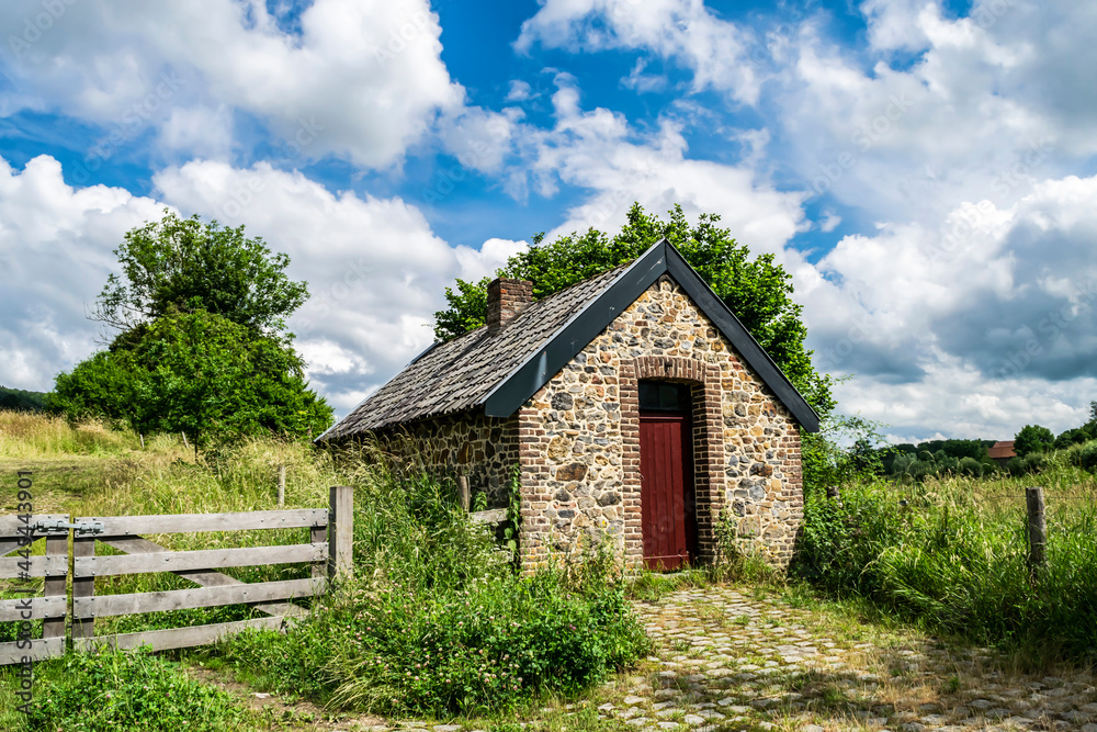 Artistic summer rural landscape with an old stone farmhouse and a green ...