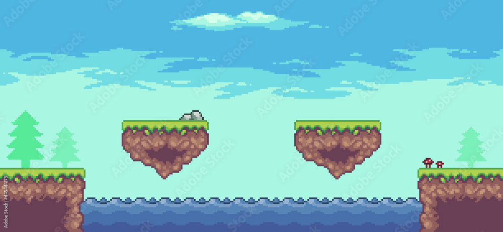 Pixel art arcade game scene with trees, floating platform, lake and ...