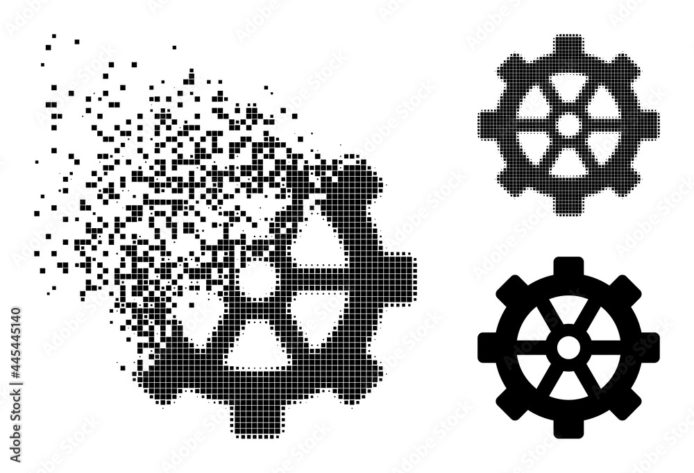 Disappearing pixelated gear glyph with destruction effect, and halftone ...