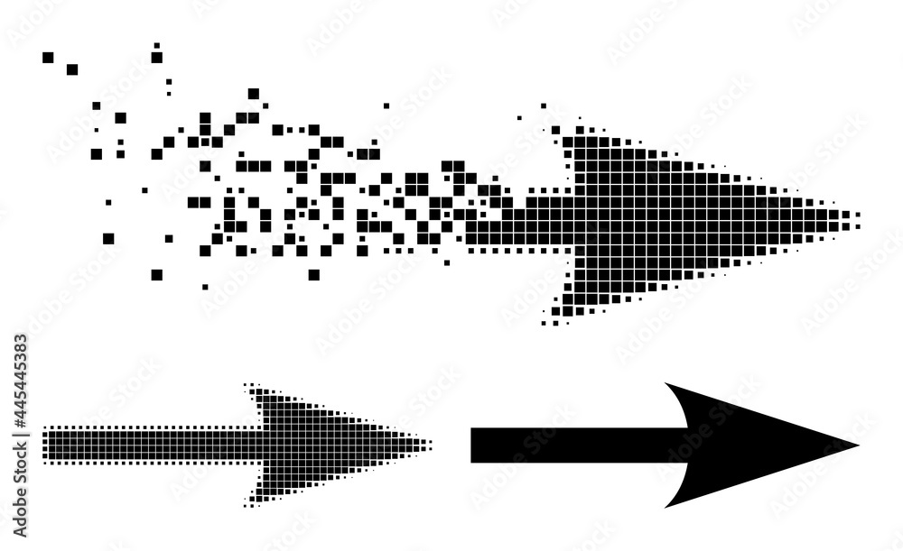 Dissipated pixelated sharp arrow right icon with wind effect, and ...