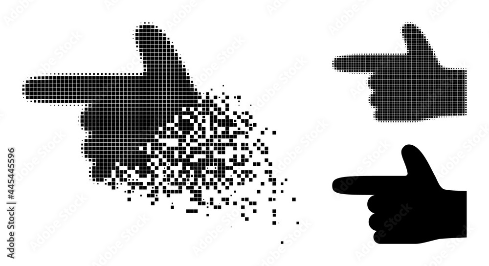 Dispersed pixelated hand pointer left pictogram with wind effect, and halftone vector pictogram ...