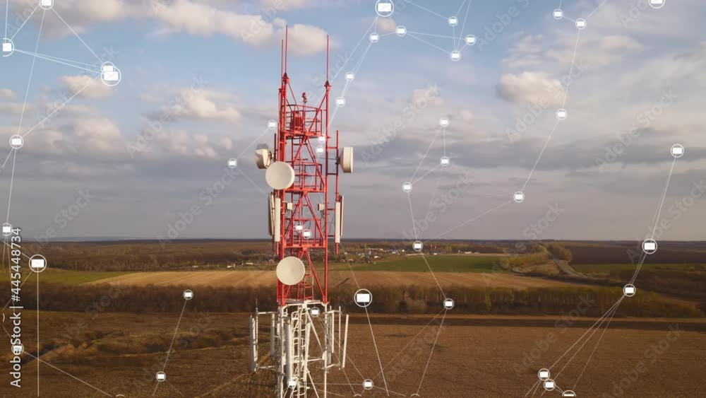 Telecommunication tower with 5G technology, animated abstract plexus ...