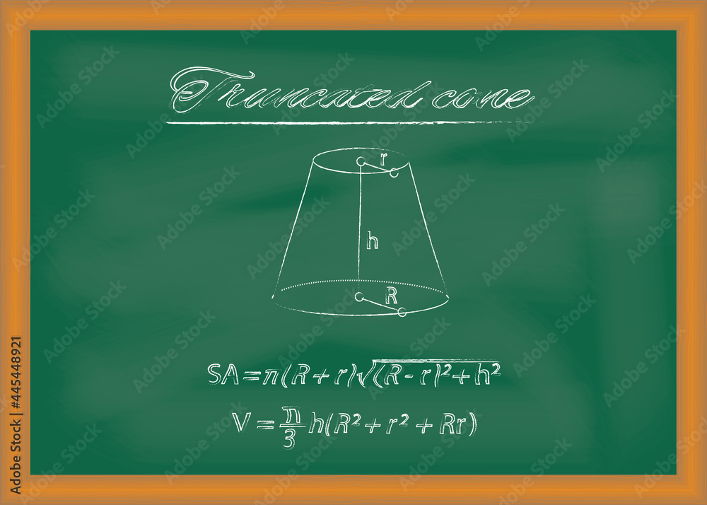 Truncated Cone. Sketch of geometric figure and formulas for calculating ...