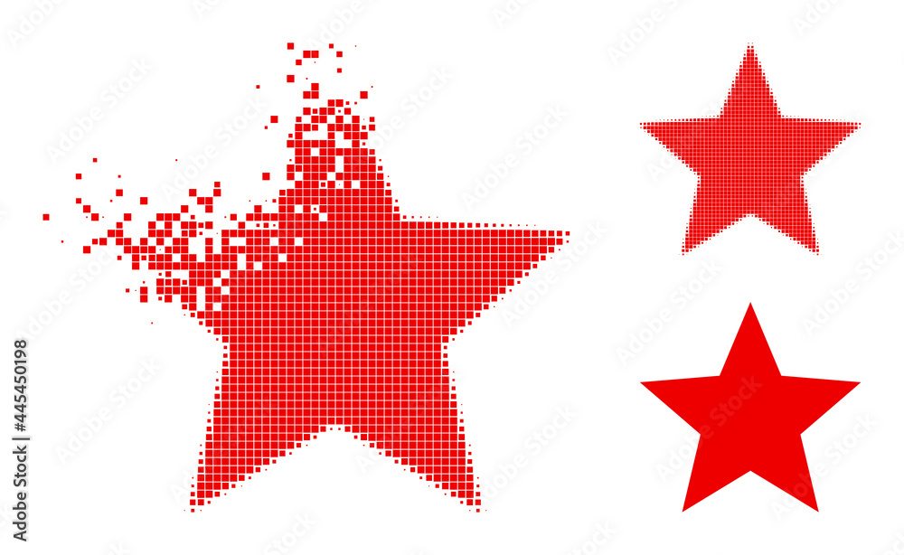 Damaged pixelated red star icon with destruction effect, and halftone ...