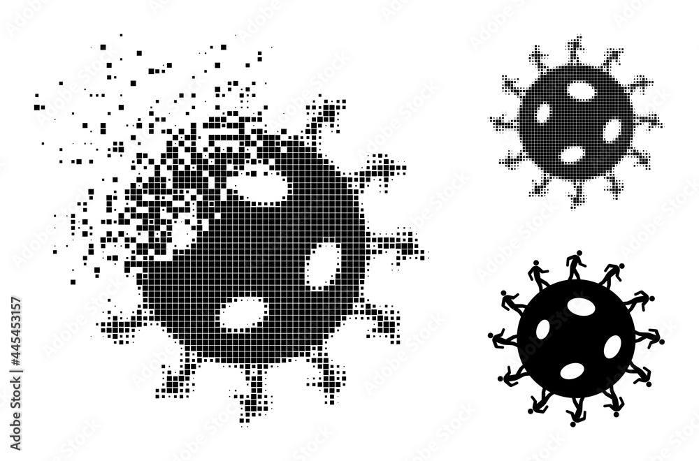 Erosion pixelated human virus pictogram with wind effect, and halftone ...