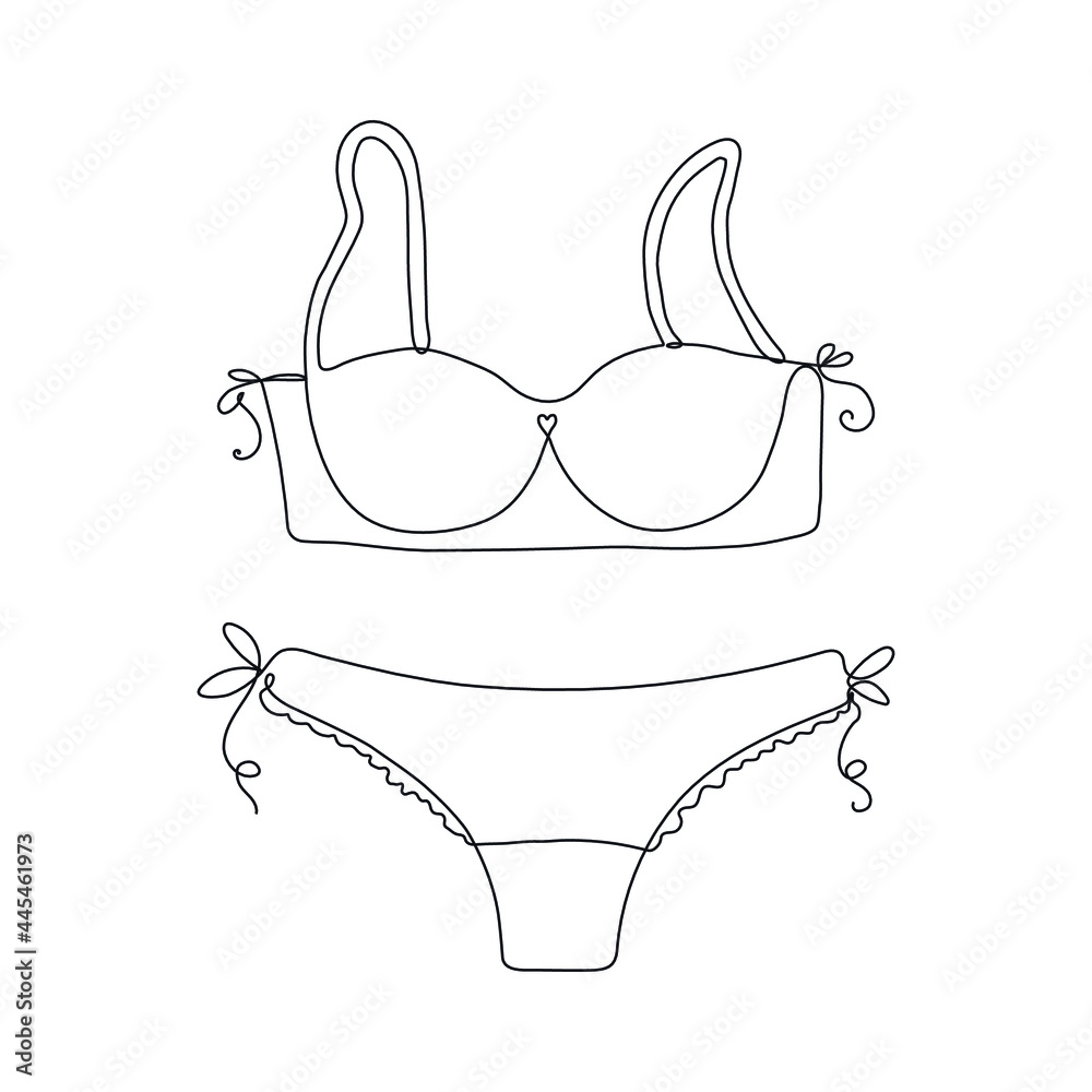Single line drawing of a lingerie set isolated on white background. Bra ...
