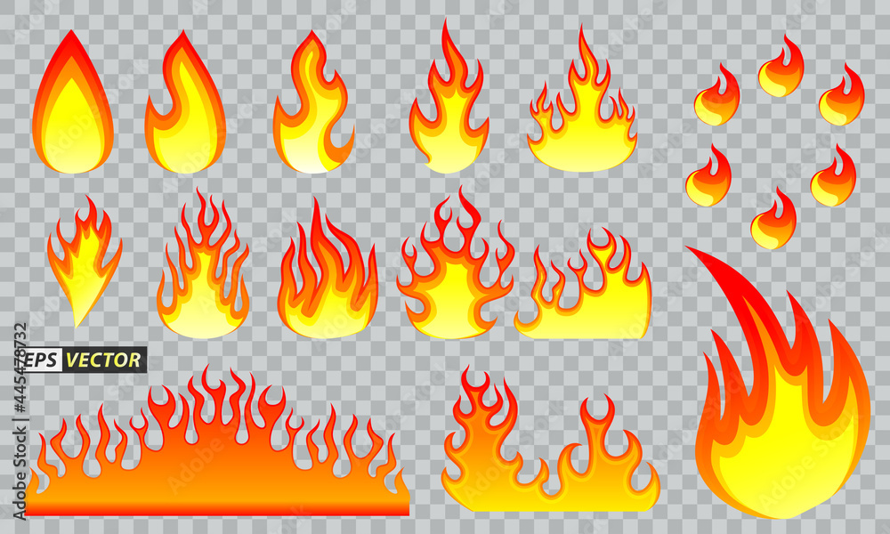 set of cartoon fire flat design isolated or fire flaming energy effect ...
