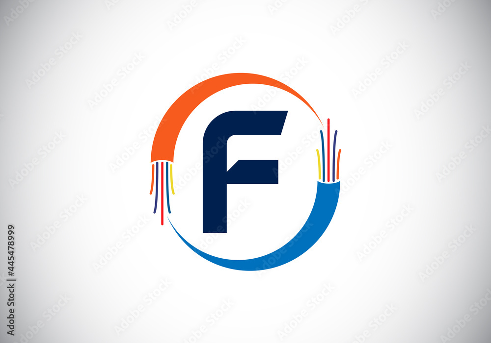 Initial F monogram letter alphabet with electric wire, optical fiber ...